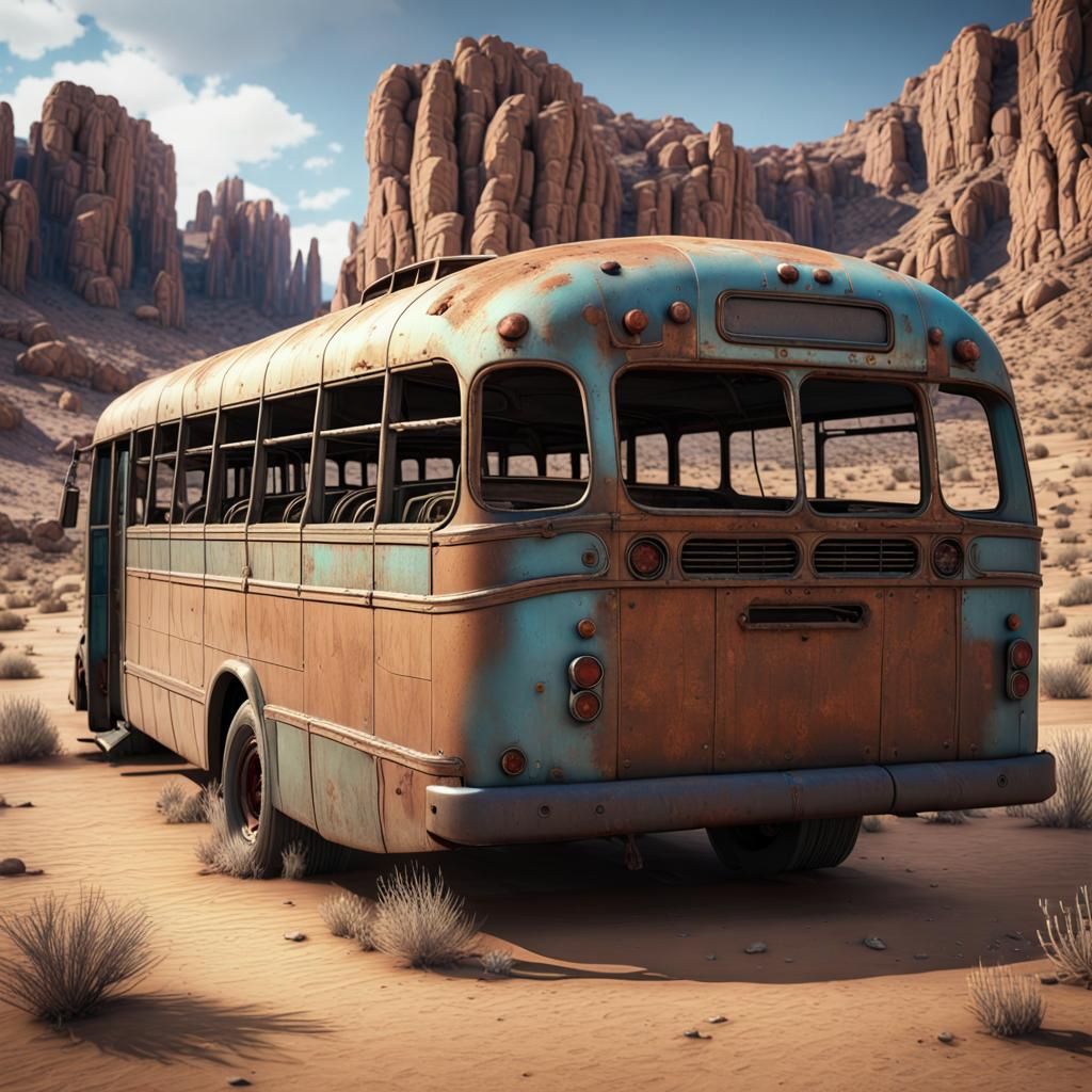 A rusted out old bus in the desert - AI Generated Artwork - NightCafe ...