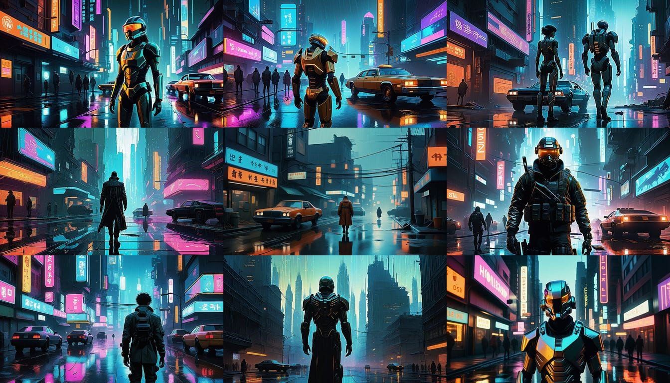 A cyberpunk scene reveals a figure clad in glowing armor, augmented ...