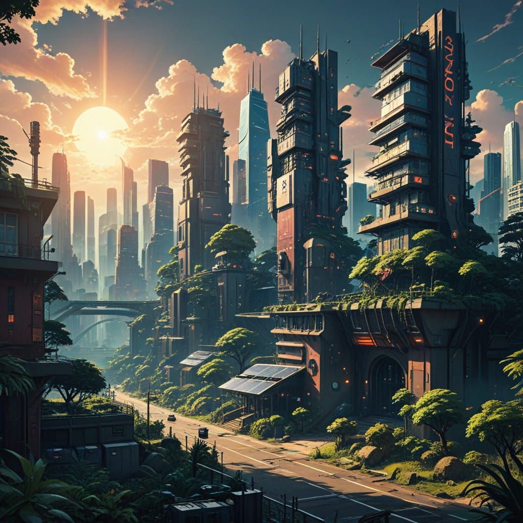Solar punk city - Solar Punk Cityscape in Vibrant Cel-Shade...