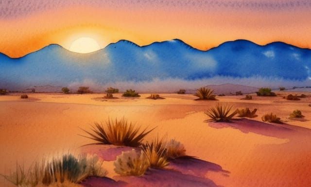 sunrise in the desert, beautiful watercolor landscape painting, - AI ...