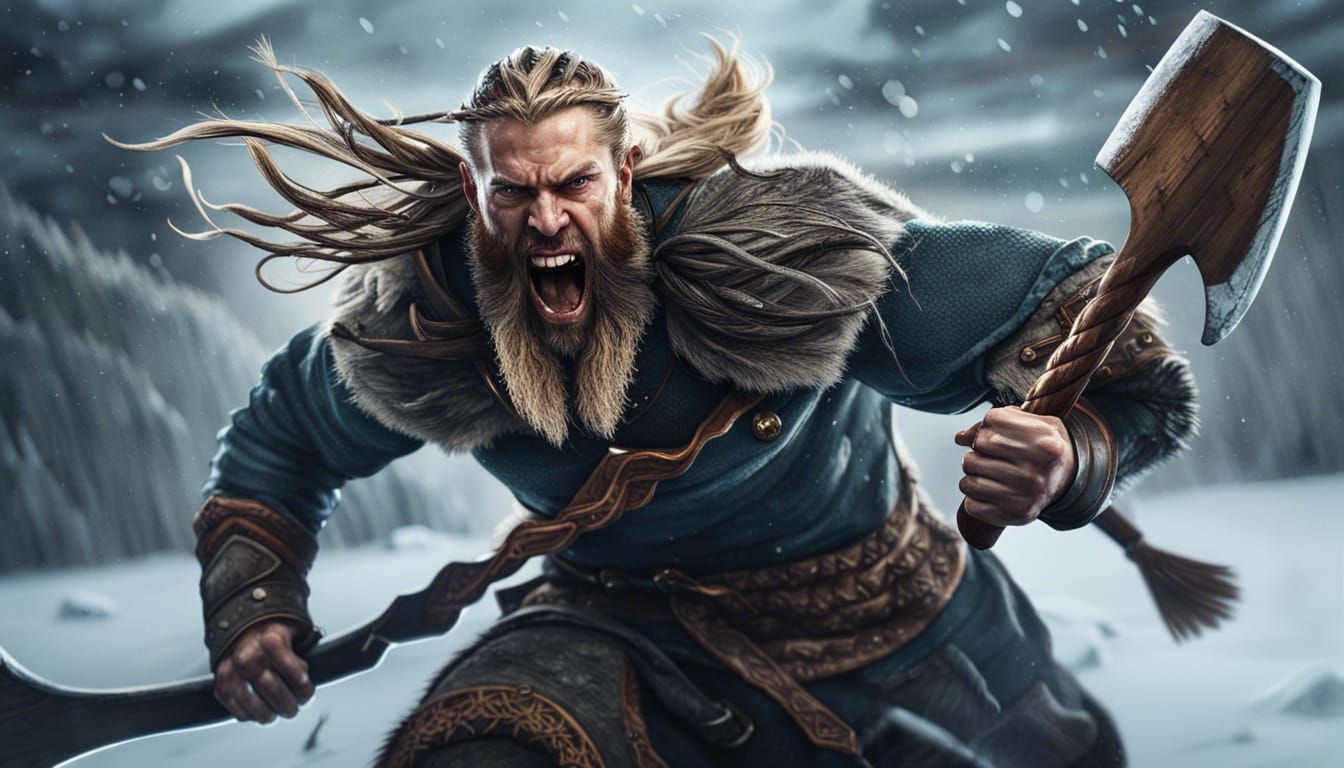 Angry yelling viking man with long braided hair and a beard hold an axe ...