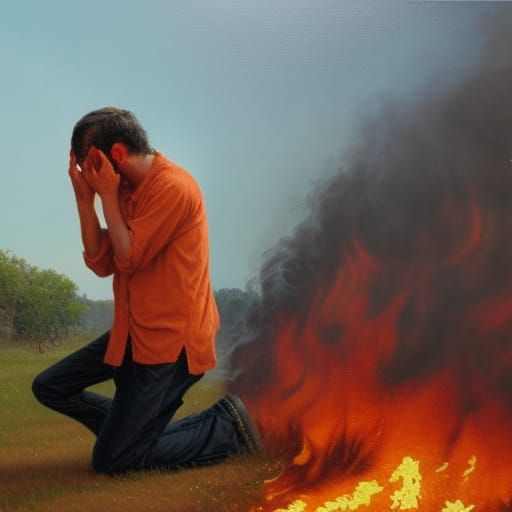 man on his knees crying in front of his burning house - AI Generated ...