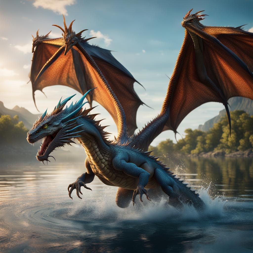Powerful Water Dragon jumping out from lake with two wings - AI ...