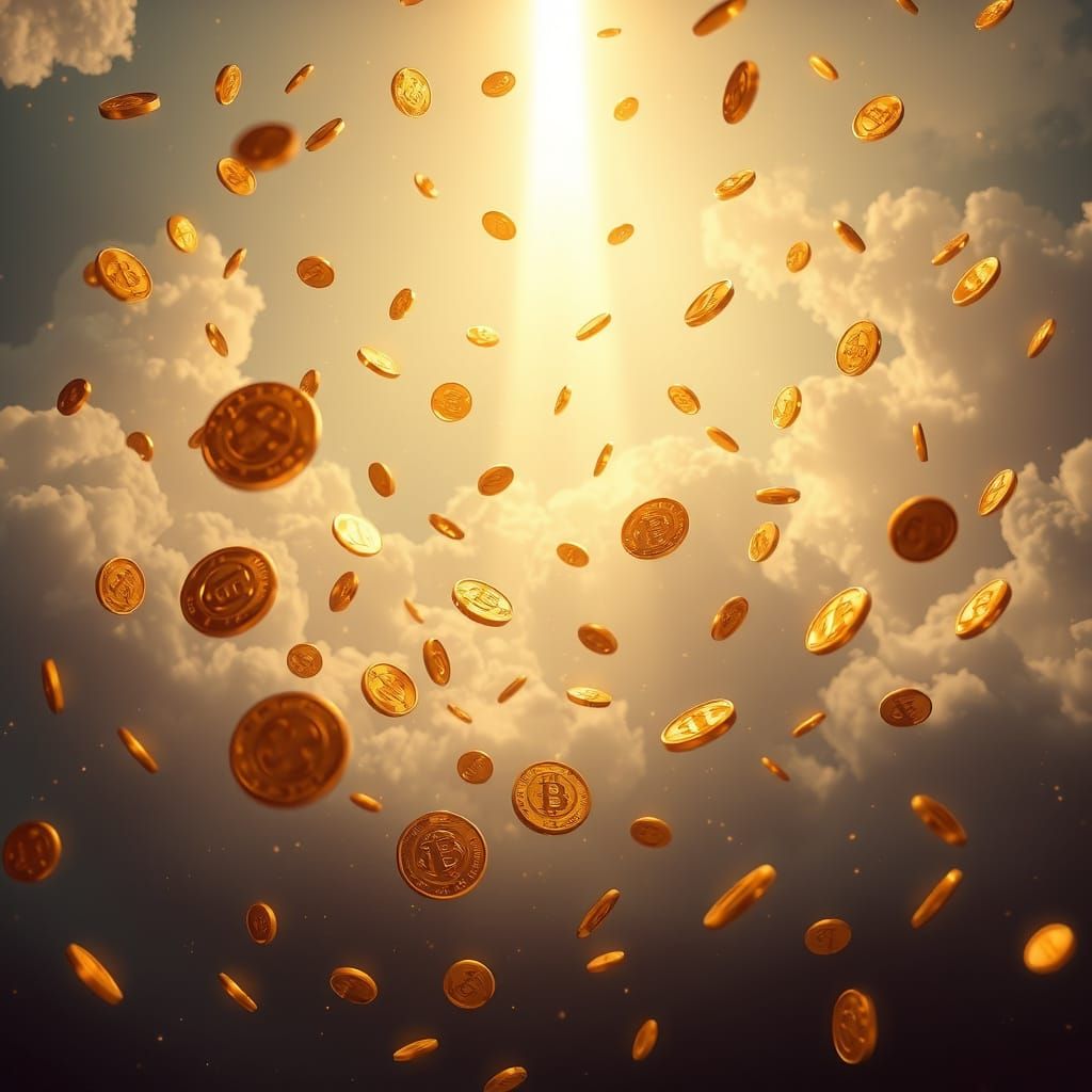 Golden Coins in Heavenly Light: A Serene, Hyperrea... - AI Art