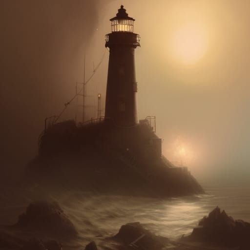 A Steampunk Lighthouse in the fog on the Edge of a Steampunk City - AI ...