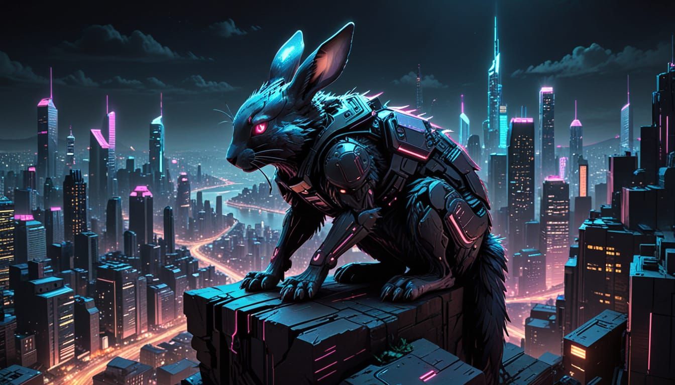 Cyborg rabbit squats on the edge of a sheer cliff, where a sweeping ...