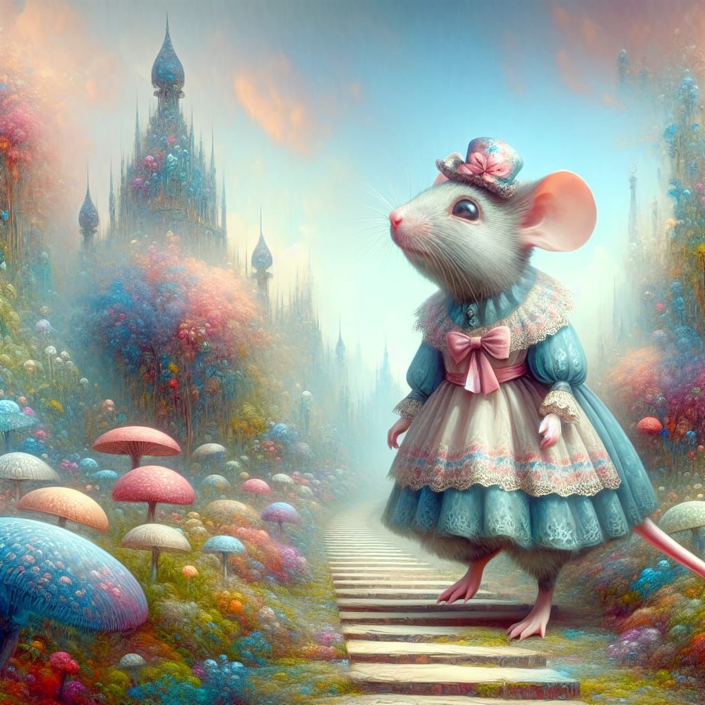 A fantasy dressed mouse walking the path of alice in wonderland, clean ...