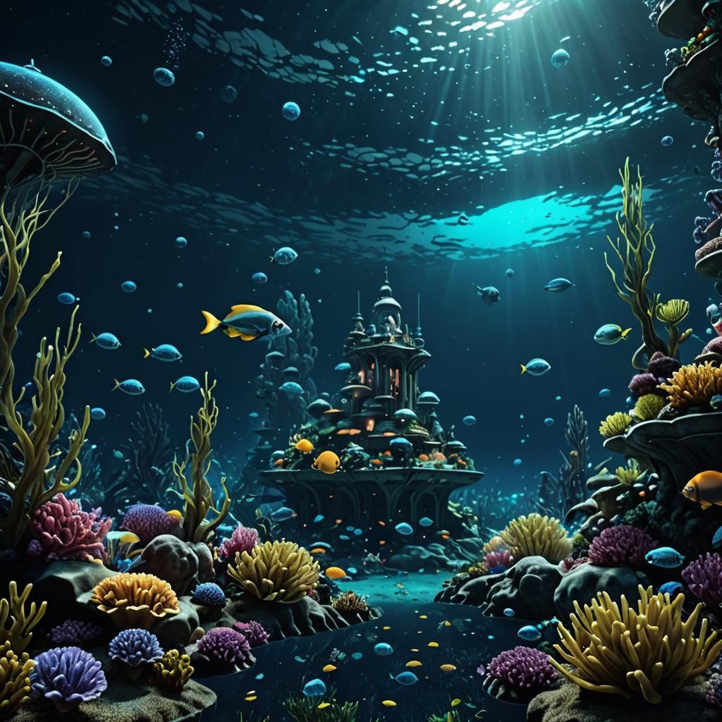 Octane render, (Underwater:1.3) landscape at night, emphasizing the ...