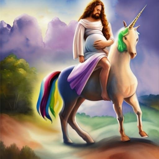 Pregnant Jesus riding unicorn - AI Generated Artwork - NightCafe Creator