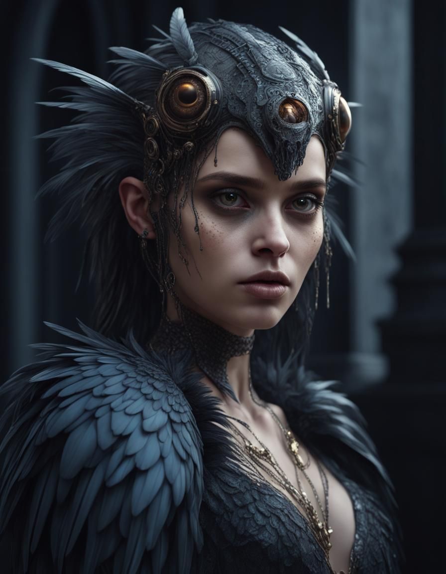 Elegant Harpy Girl Portrait in Gothic Biopunk Styl... - AI Art