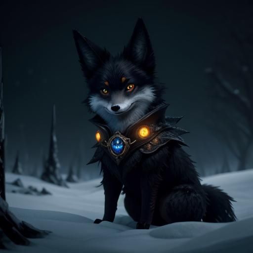 Anthropomorphic, undead, cute, adorable, black-fox with glowing eyes ...