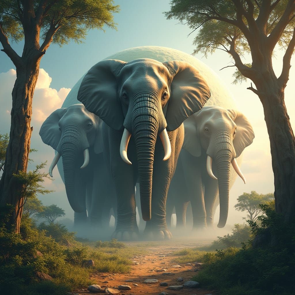 Majestic Flat Earth Supported by Colossal Elephant... - AI Art