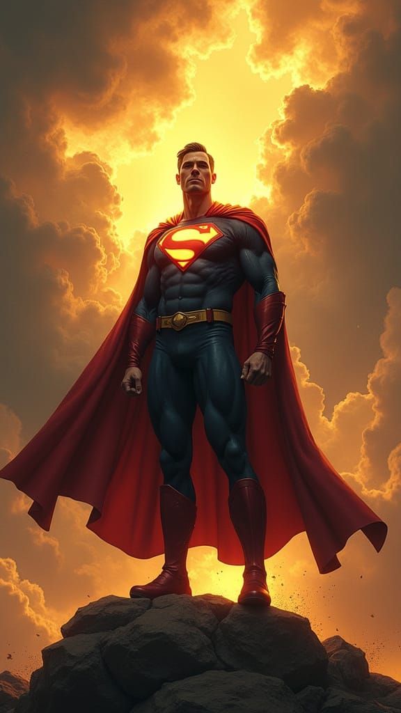 Power of man - Heroic Figure in Golden Light, Stormy Comic B...