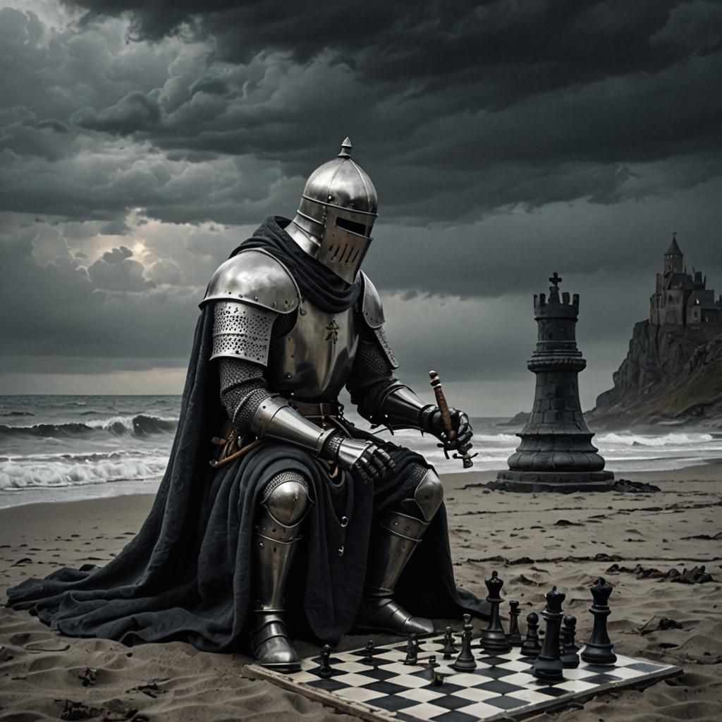 "Illustration of a medieval knight playing chess with Death on a ...