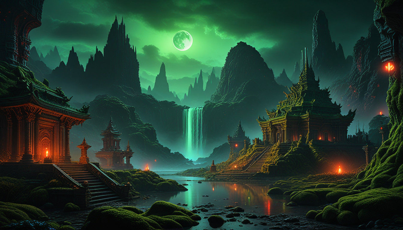Alien Planet - Ethereal Alien Temple Amidst Glowing Cityscap...