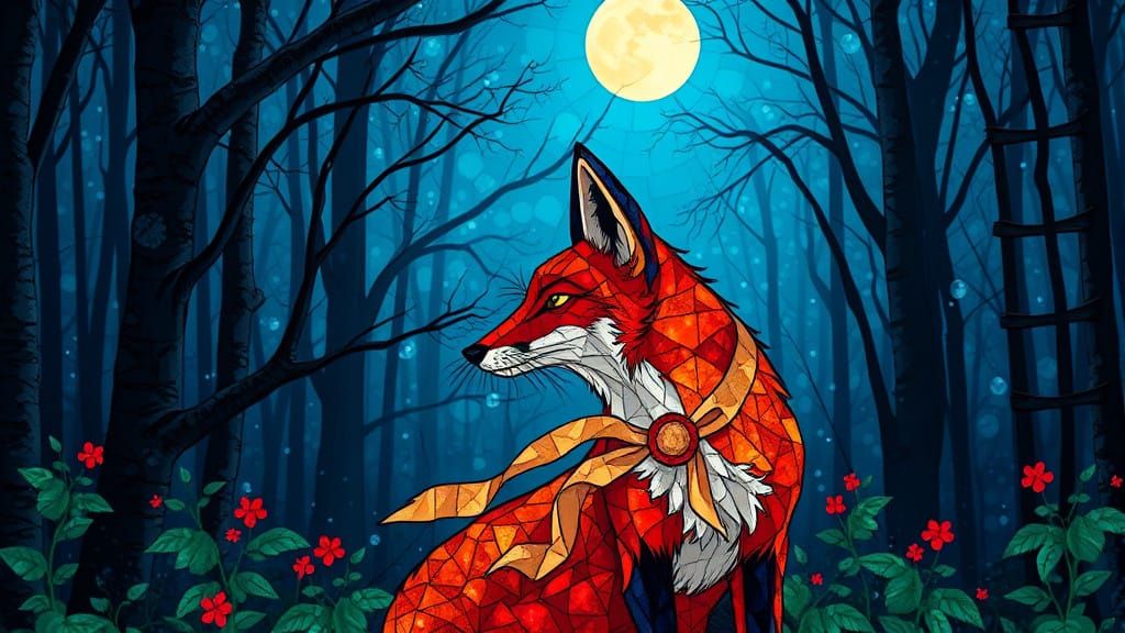 Glistening Moonlit Forest with Ruby Red Fox - AI Art