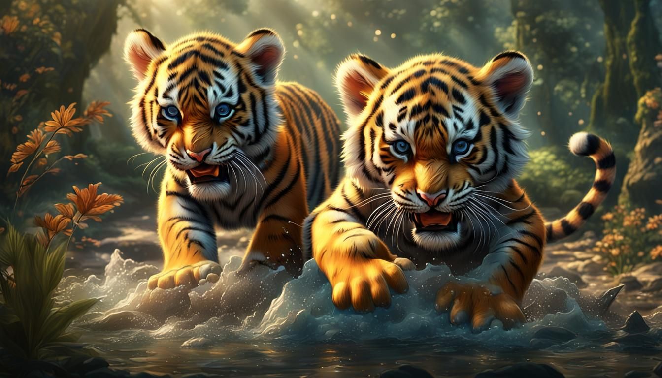 Tiger Cubs Frolicking in the Stream - AI Generated Artwork - NightCafe ...