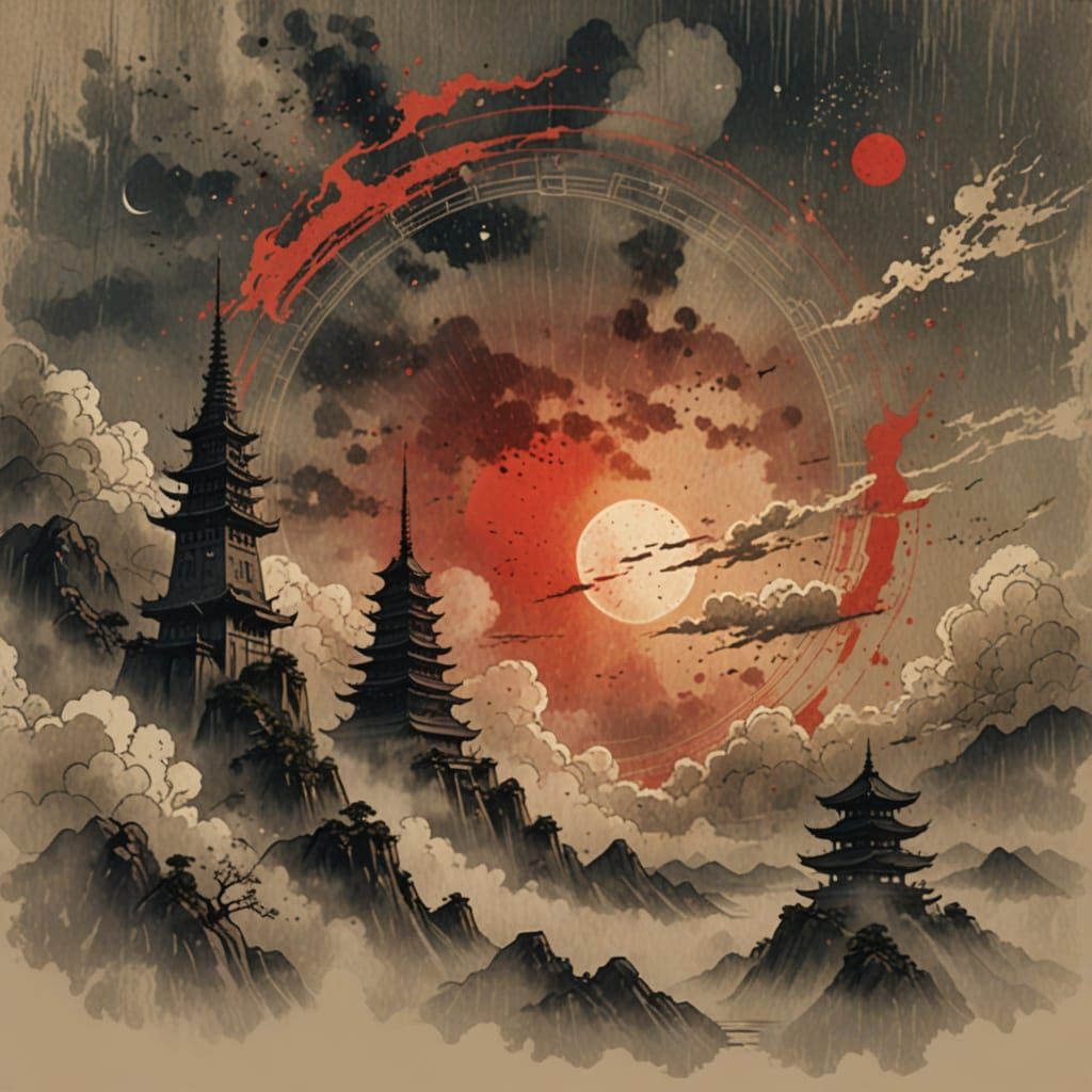 Occult Sky and Towers - Occult Tower in Japanese Ink Paintin...