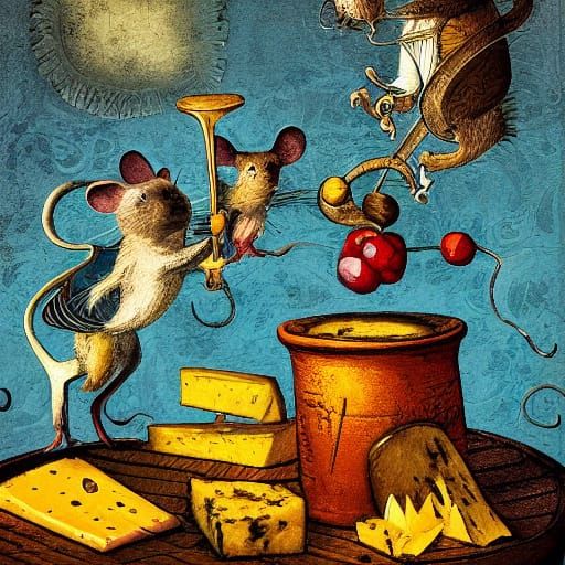 Whimsical Renaissance Cheese Still Life with Mice - AI Art