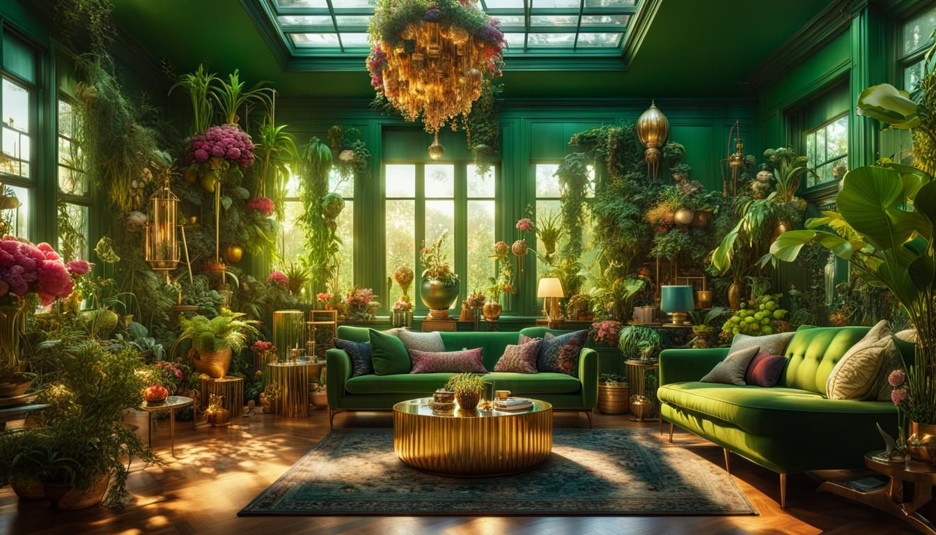 Architectural Digest photo of a maximalist green solarpunk living room ...