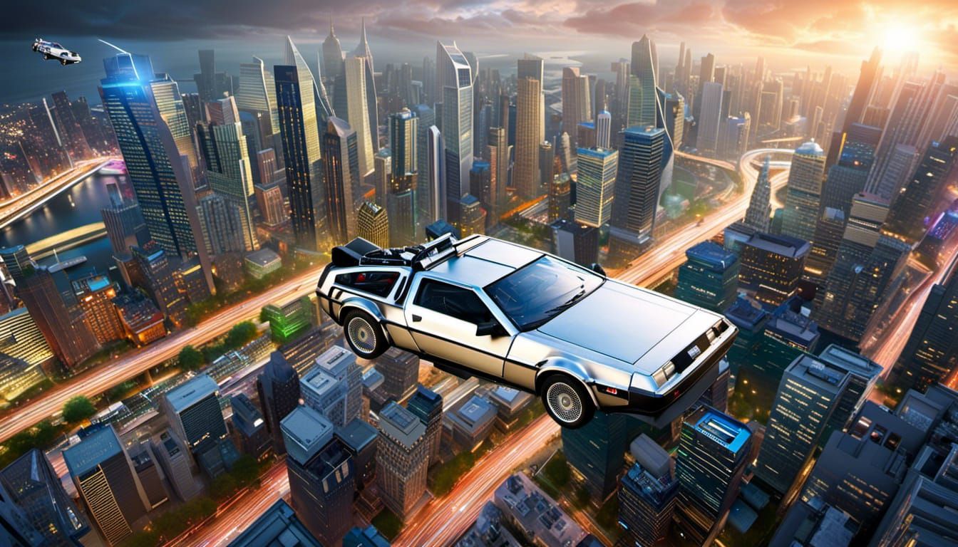 A DeLorean flying over a futuristic city . - AI Generated Artwork ...