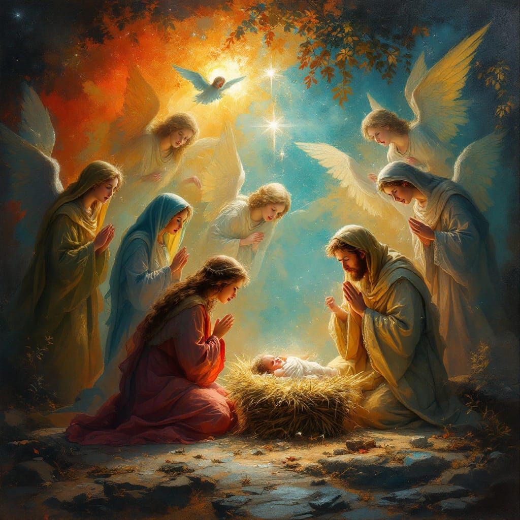 19th Century Nativity Scene in Vibrant Oil Paintin... - AI Art
