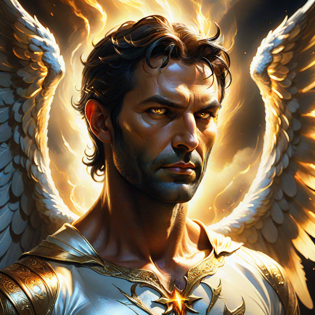 Divine Angel Lucifer Contemplates Radiant Light in... - AI Art