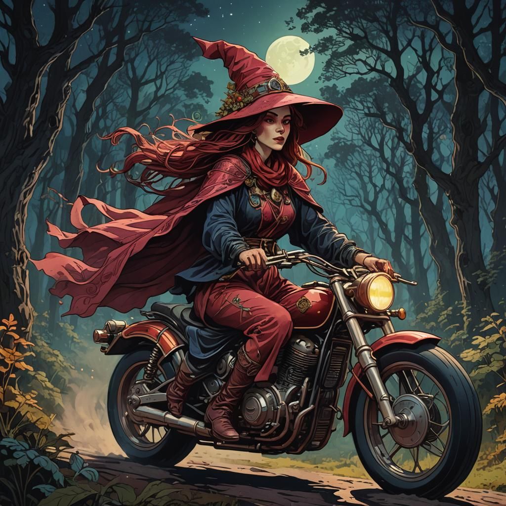 Witch riding a motorbike - AI Generated Artwork - NightCafe Creator