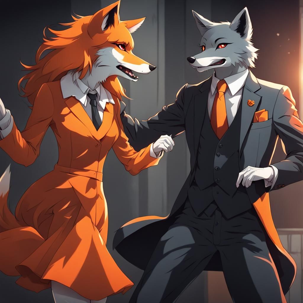 dark gray wolf in suit dancing with orange fox in a dress - AI ...