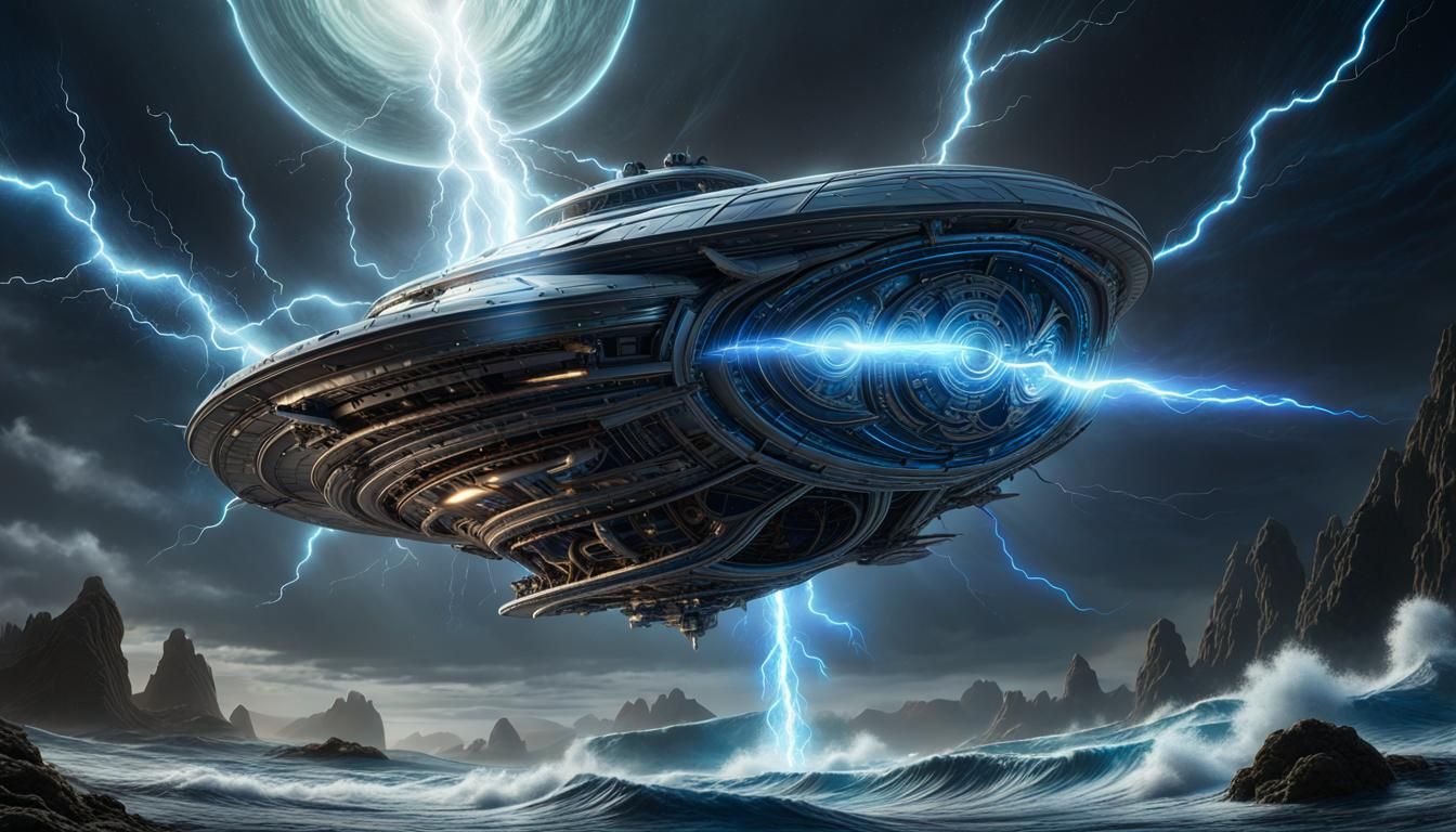 An alien starship traveling across the vastness of the cosmos to a ...