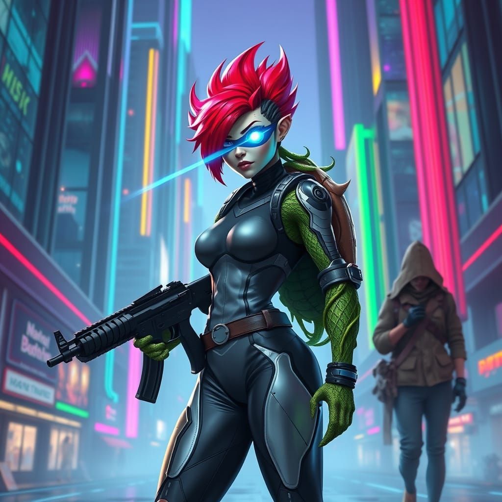 Futuristic Girl with Flaming Hair and Laser Monocl... - AI Art