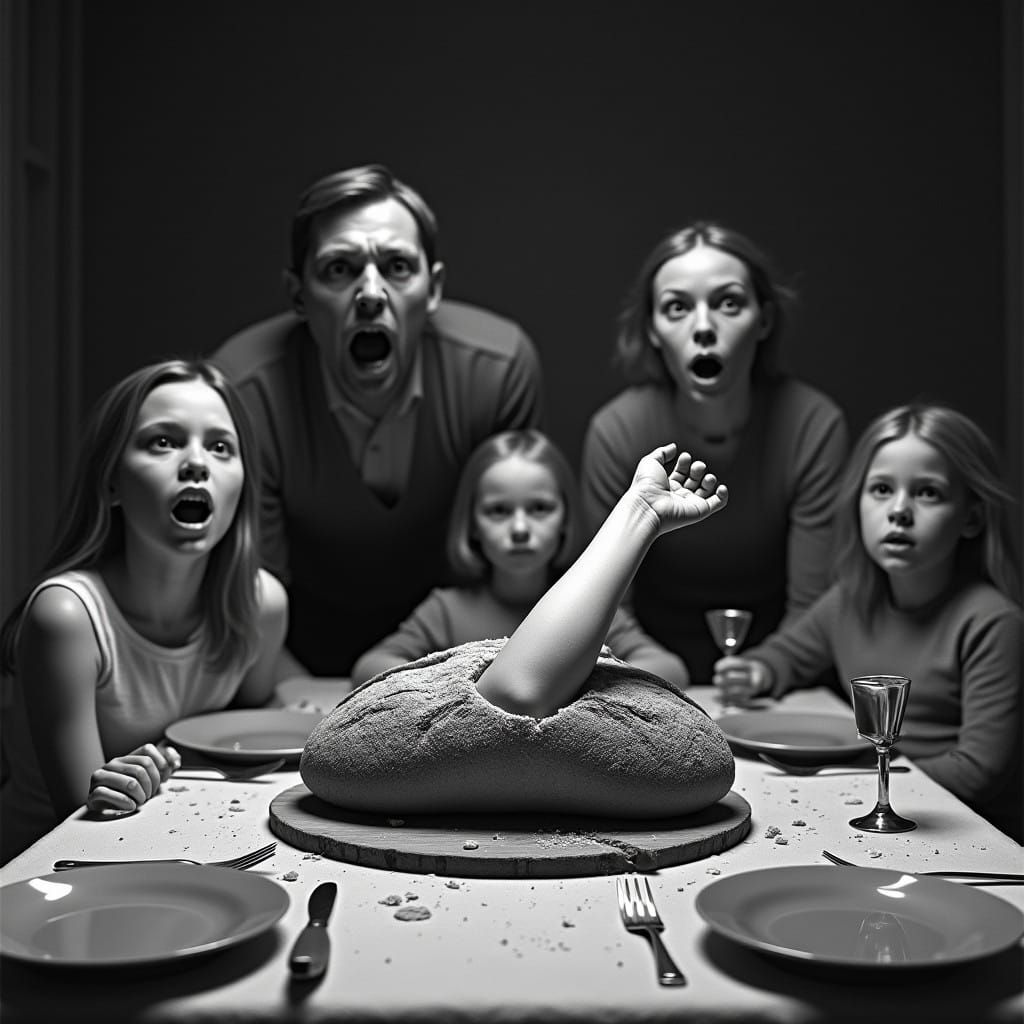 Black and white image, a random arm sticks out of a loaf of bread, the ...