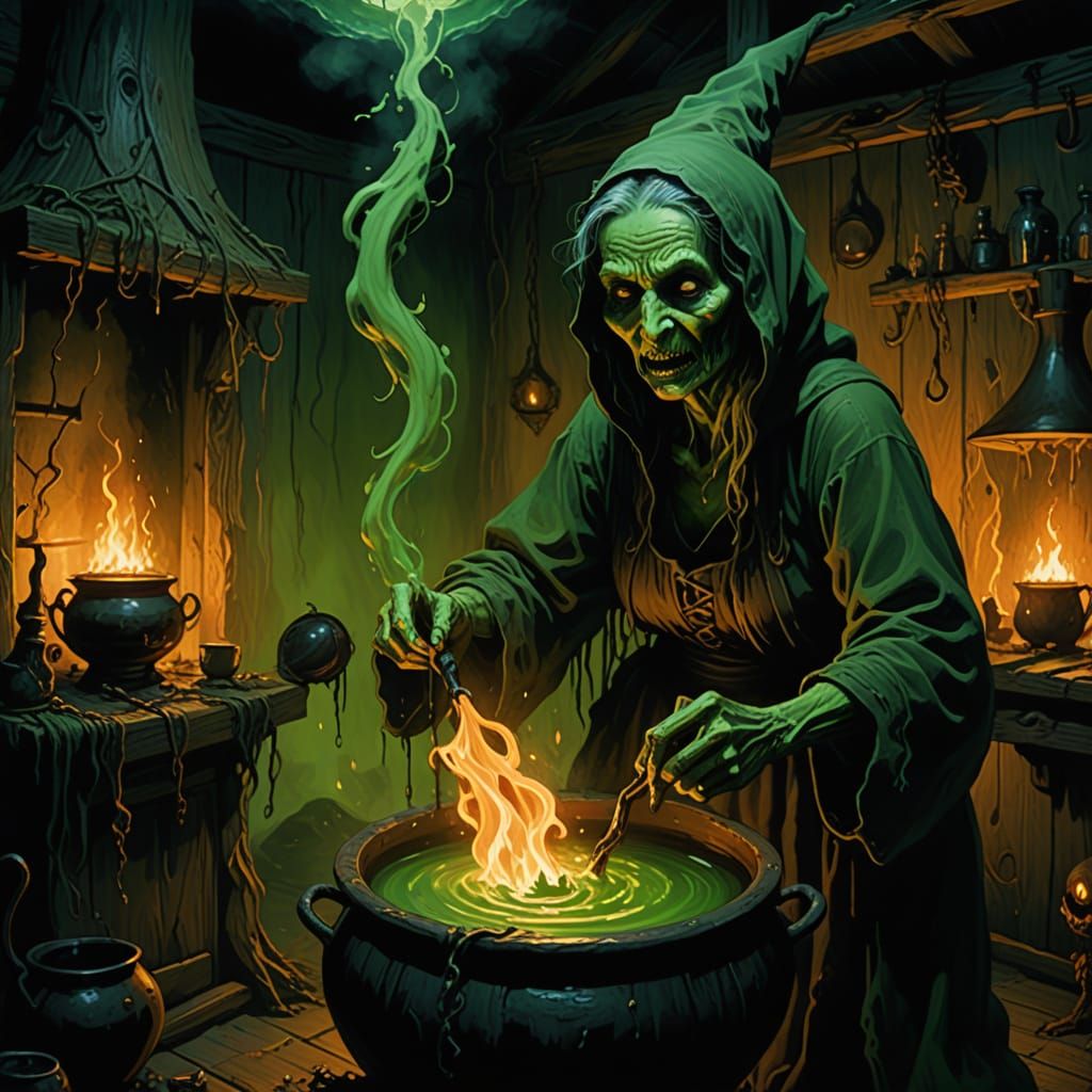 Dark Fantasy Hag Brews Witch's Cauldron in Russian... - AI Art