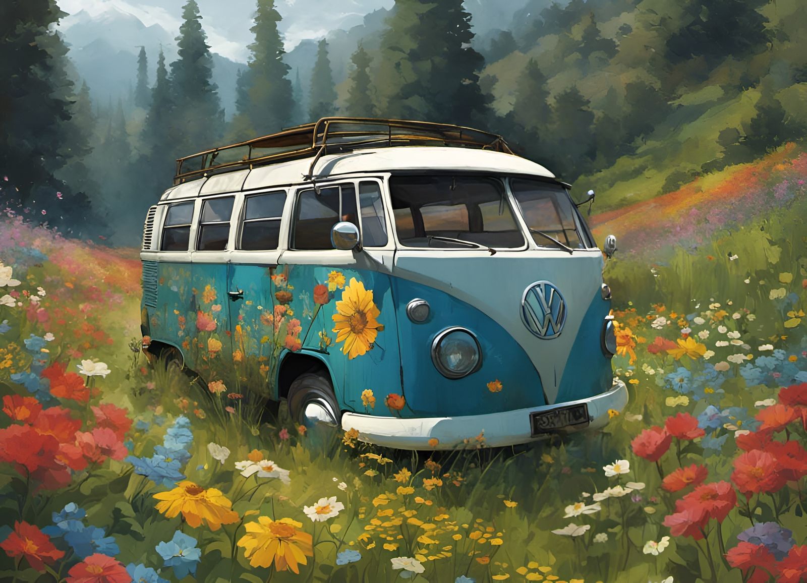 Old Flower Power Bus - AI Generated Artwork - NightCafe Creator