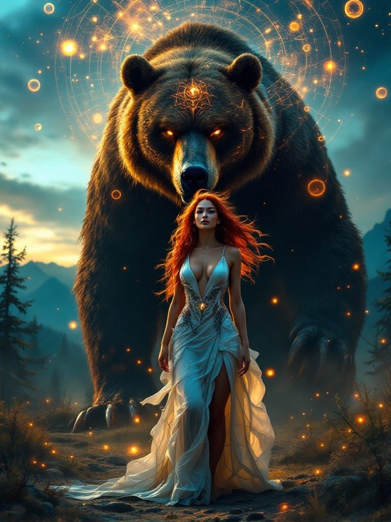 Fiery Red-Haired Woman Stands Unfazed Before Tower... - AI Art