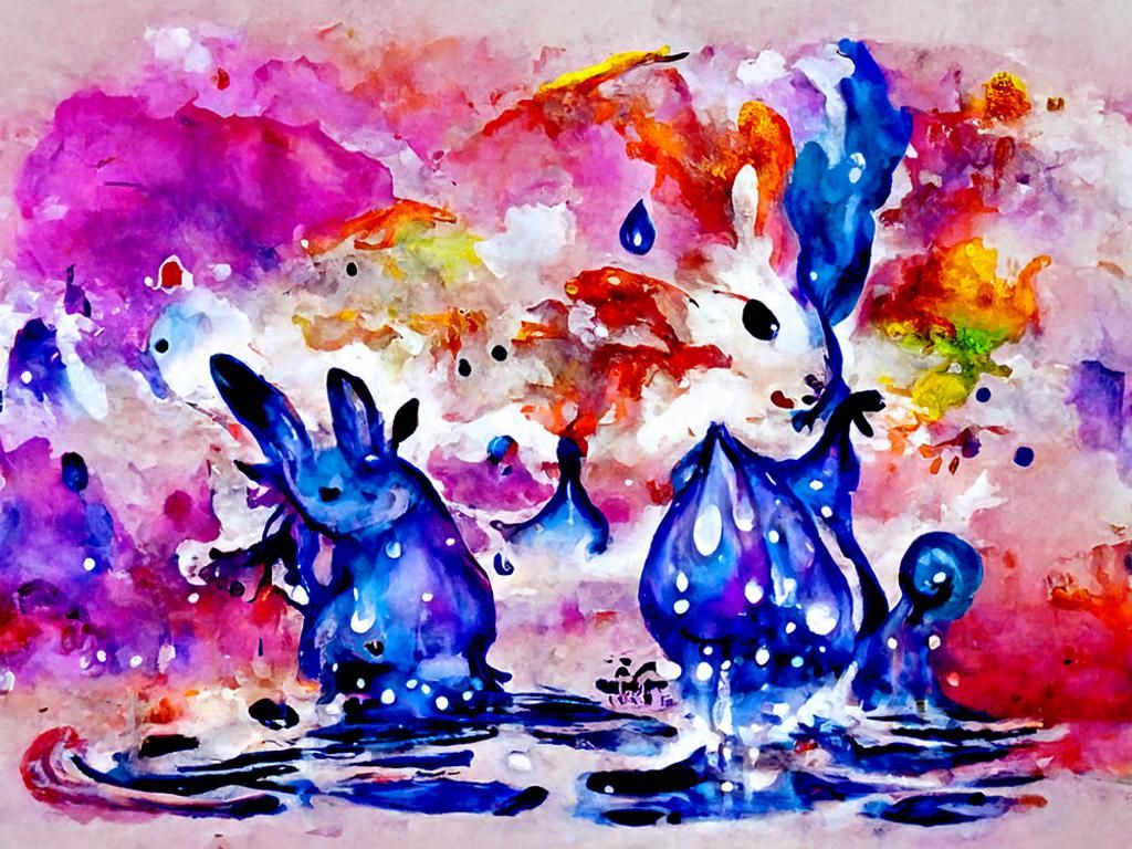 Water elemental bunnies splashing joyously in summer shower puddles ...