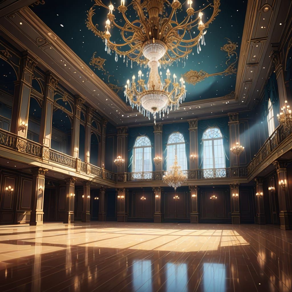 A Grand Ballroom - Elegant Abandoned Ballroom in Anime Style
