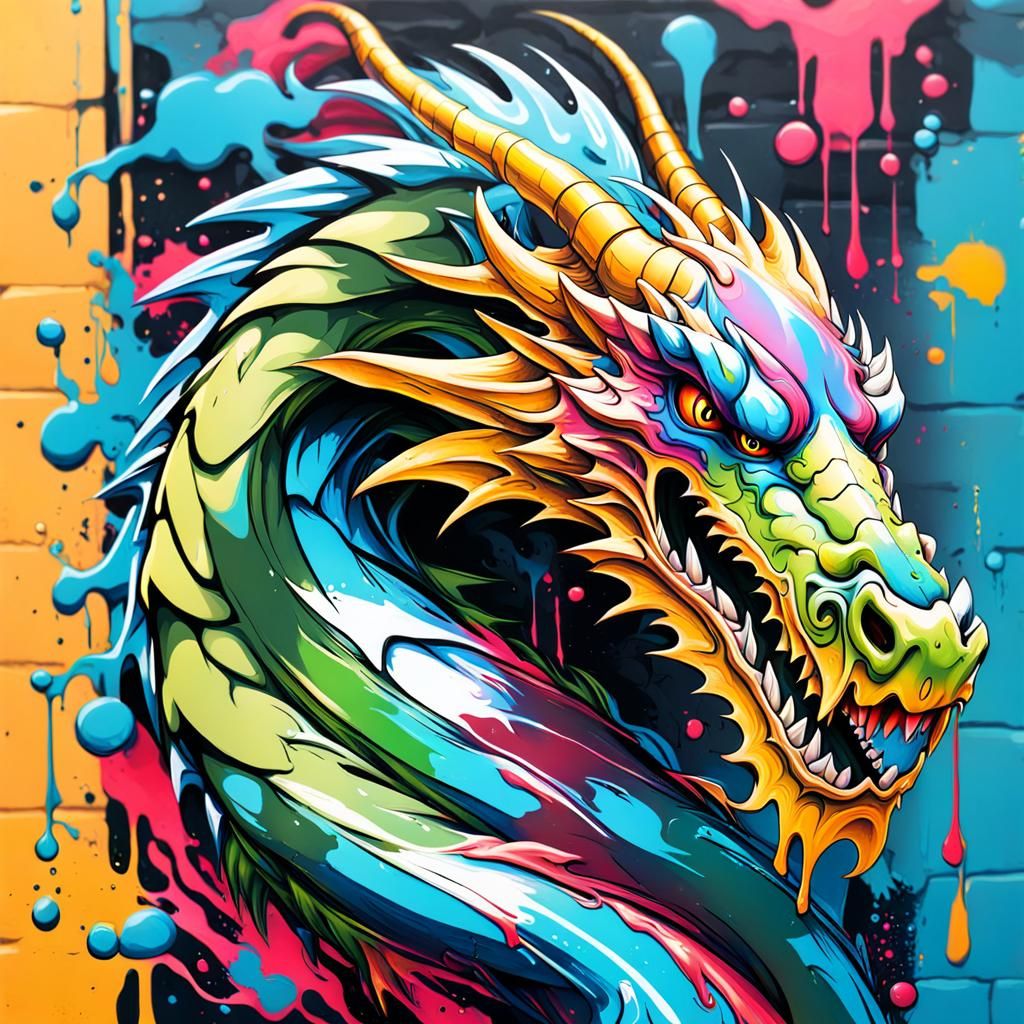 Mythical dragon, graffiti art, splash art, street art, spray paint, oil ...