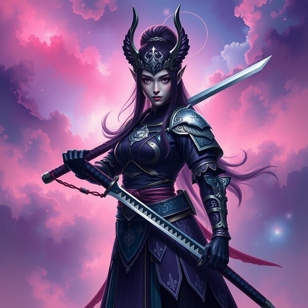 Ethereal Drow Elf Samurai in Nebula Glory - AI Art