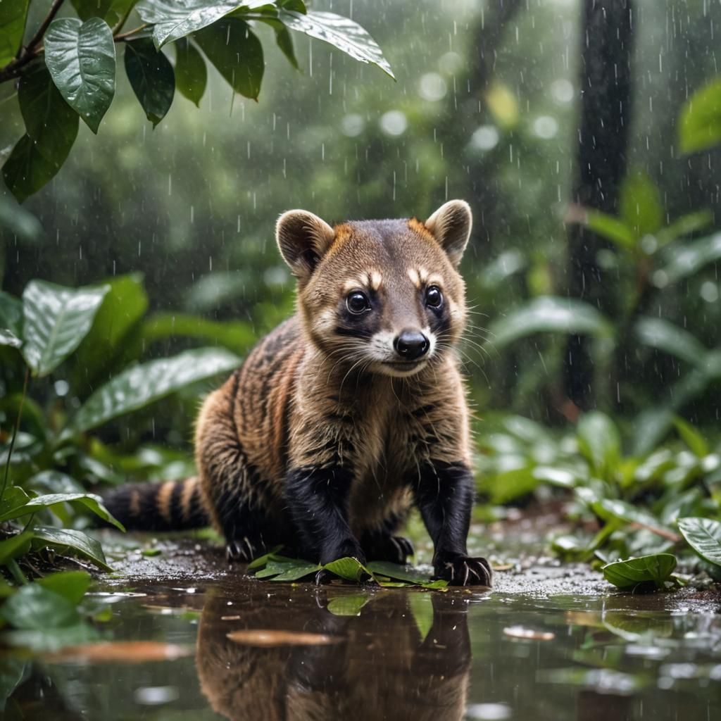 very close up of a small cute Coati. The Coati seeks shelter under a ...