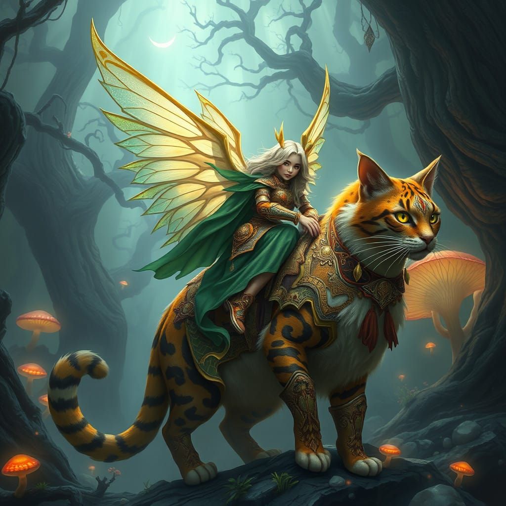 Ethereal Sprite Rides Whimsical Calico Cat in Myst... - AI Art