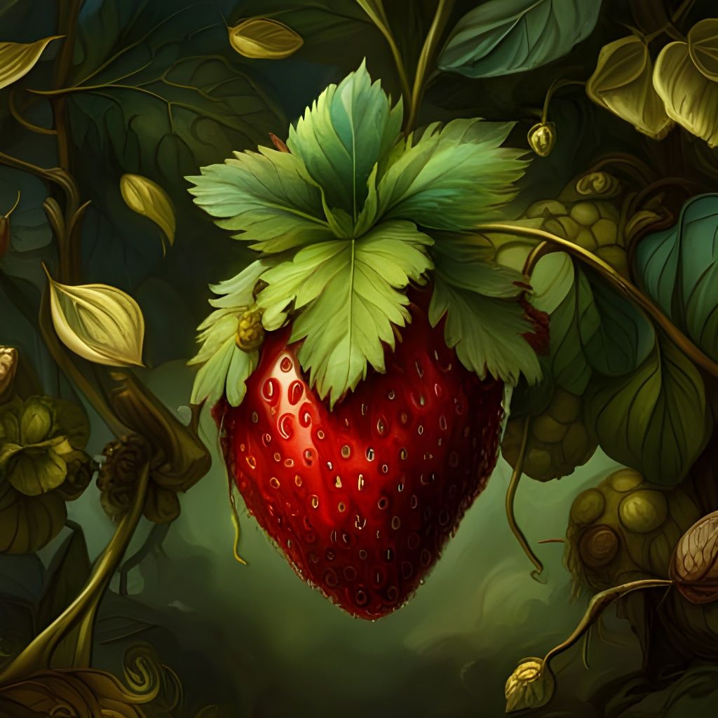 realistic strawberry with happy mouth and gold teeth, amongst leaves ...