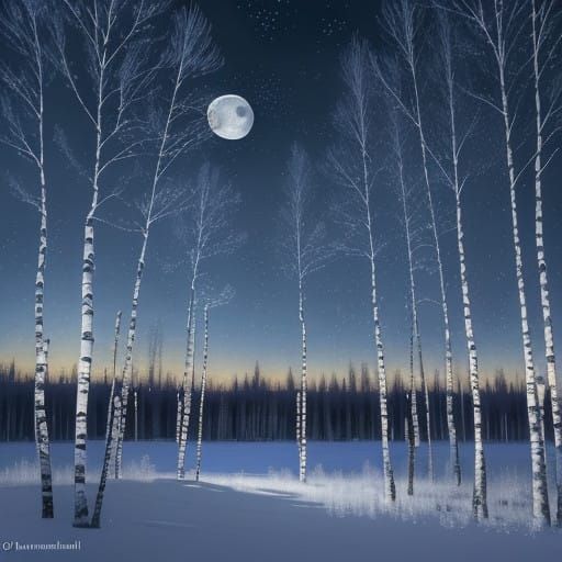 Serene Christmas Nightscape with Birch Trees in Im... - AI Art