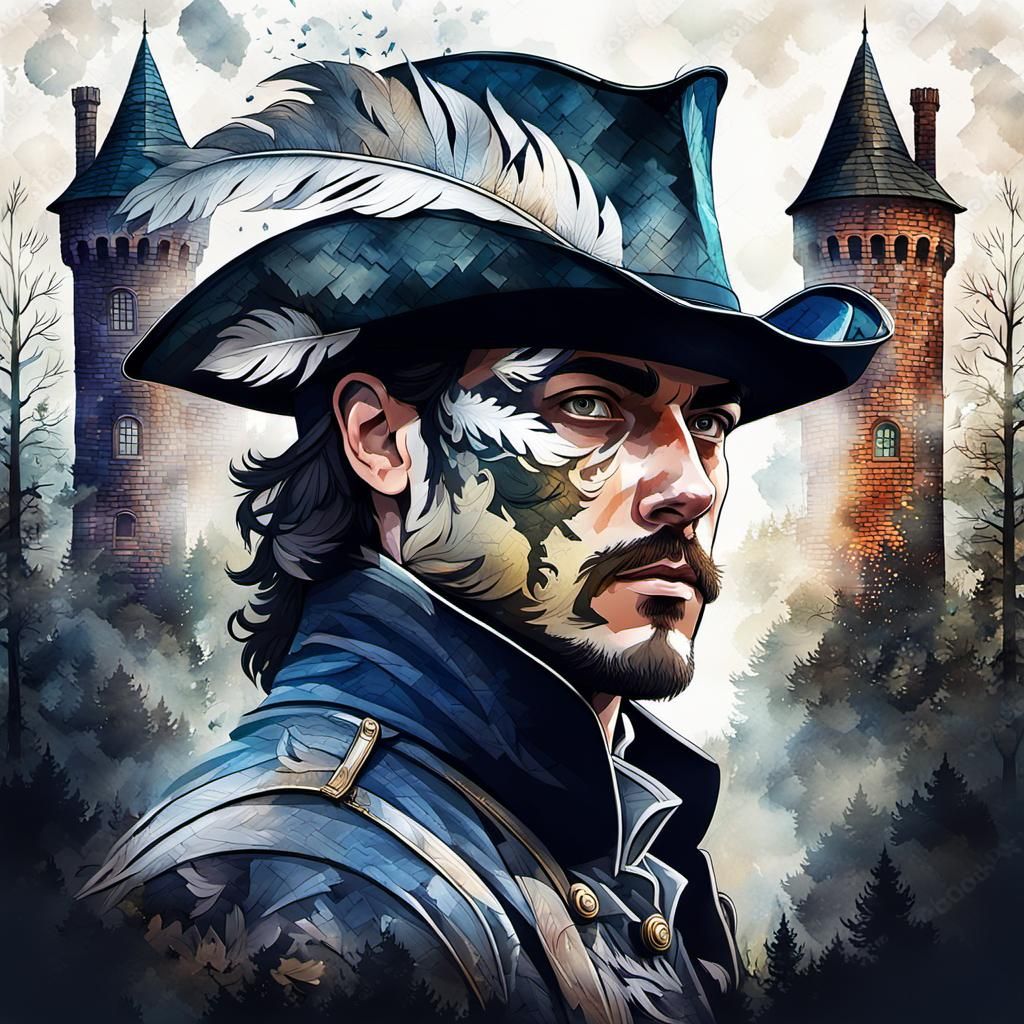 Over-detailed portrait of Brave Musketeer in a double exposure with ...