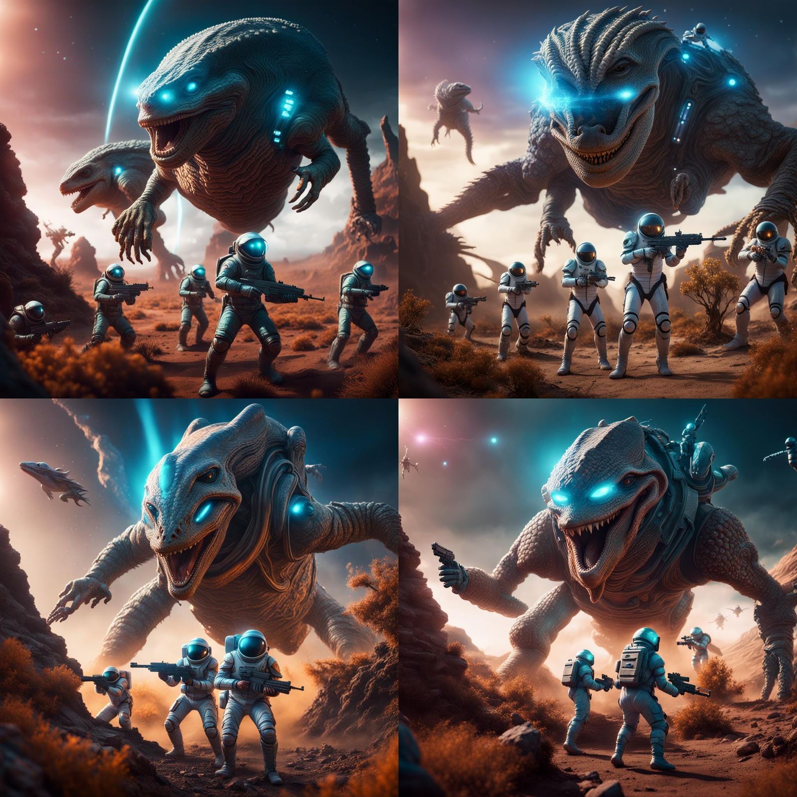 Three spaceman with energy weapons showing them off and shooting ...