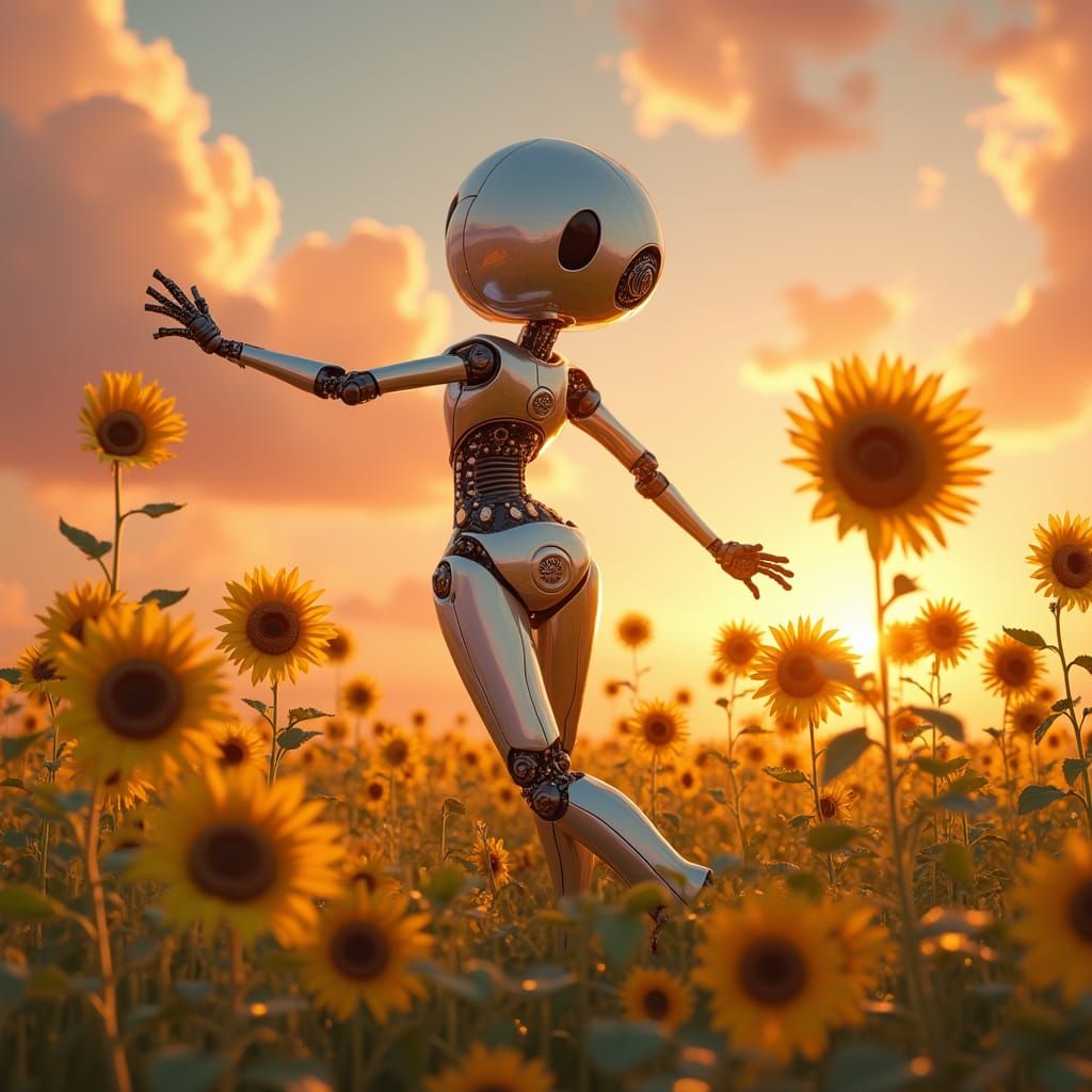 Robot Dances Amongst Sunflowers in Vibrant Sunset - AI Art