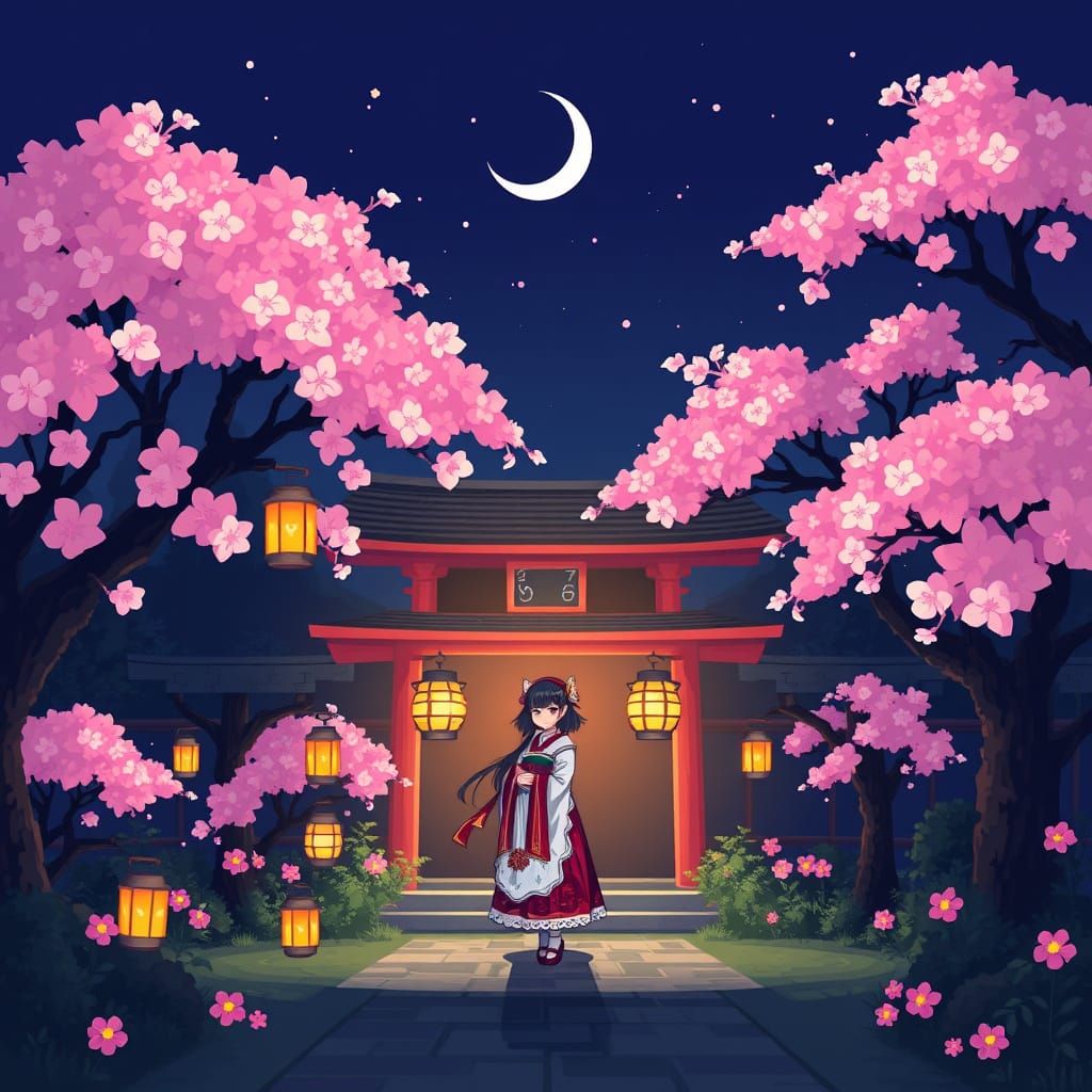 Shrine Maiden at Night Pixel Art - Shrine Maiden in Serene J...