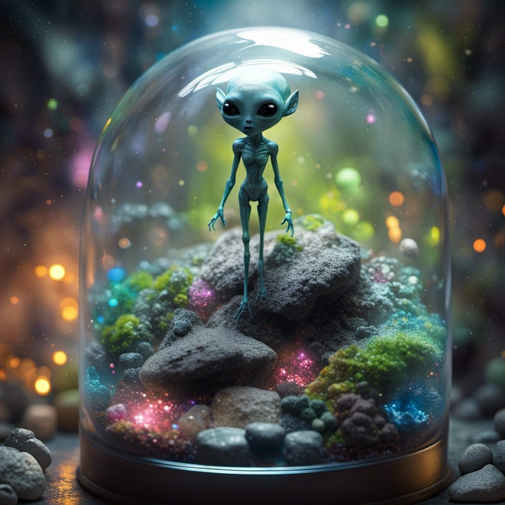 tiny strange gray alien Zeta Reticulan, standing in a small terrarium ...