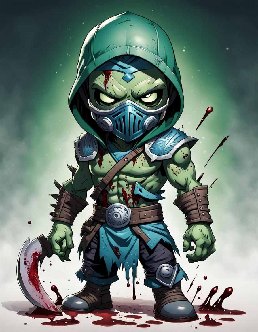 chibi zombie sub-zero with mask, full body, green skin, cuts and blood ...