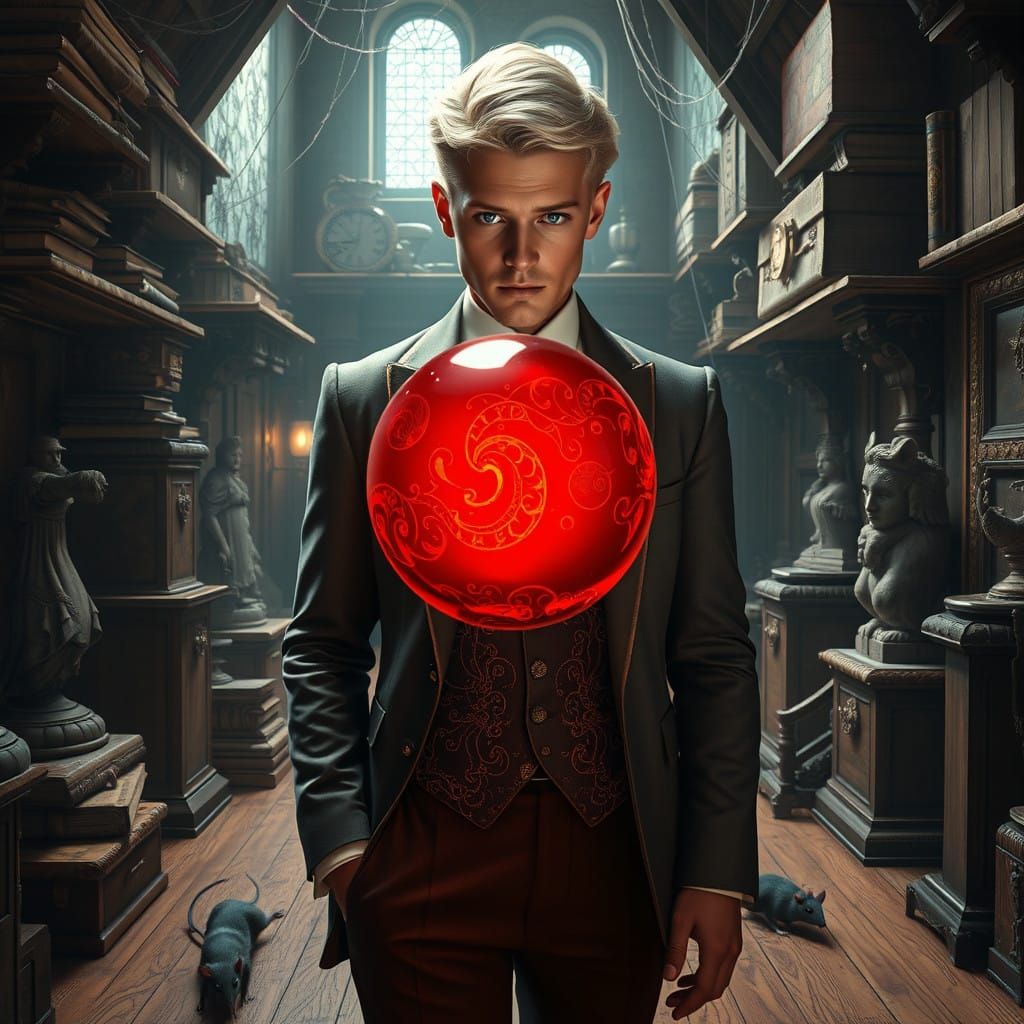A Suave Gentleman Contemplates a Glowing Ruby Orb ... - AI Art